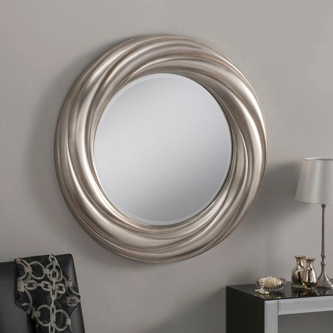 Round Mirror - Silver Swirl - 84cm Diameter, 6cm depth